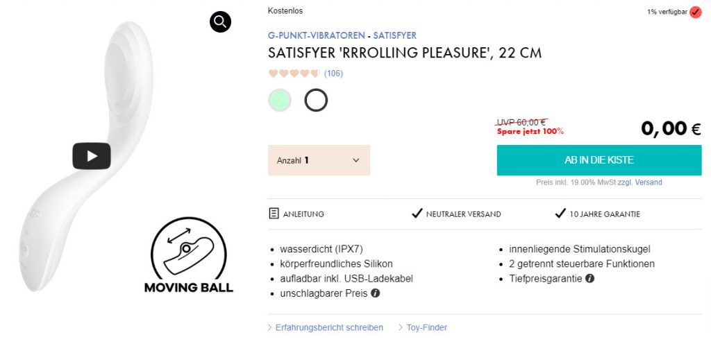 Eis DE: Satisfyer Rrrolling Pleasure G-Punkt-Vibrator für 0 € (MBW 29,95 €) + 6 kostenlose ...