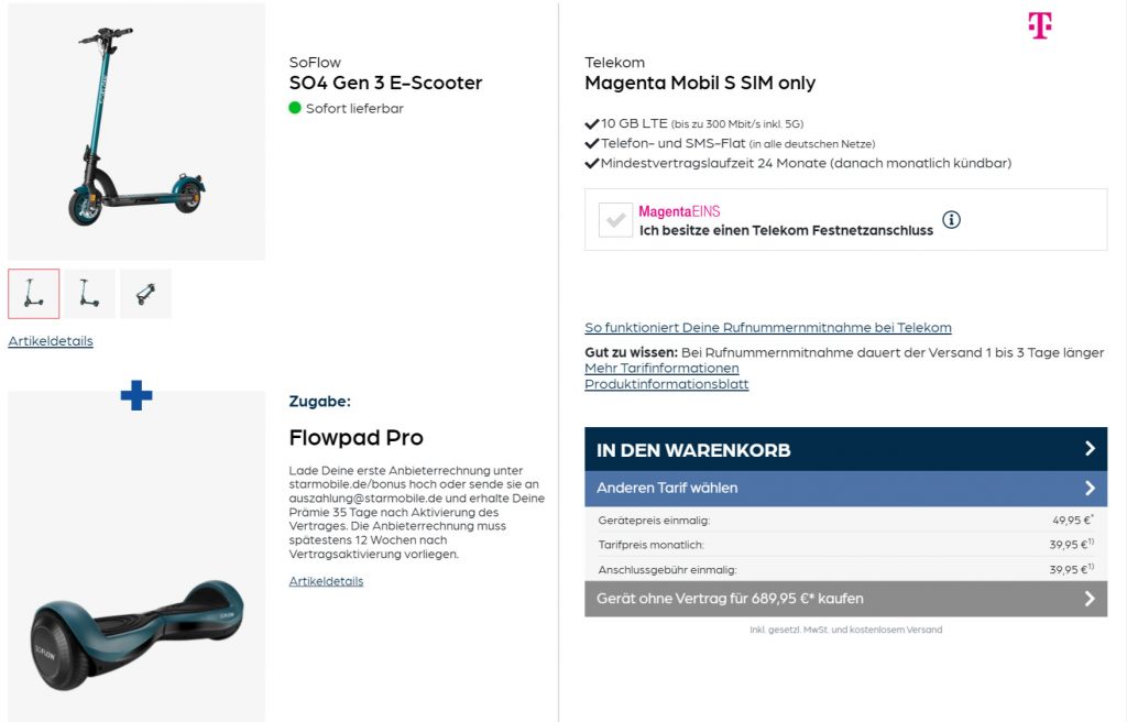 starmobile: SoFlow SO4 Gen 3 E-Scooter + Flowpad Pro E-Board + Telekom ...