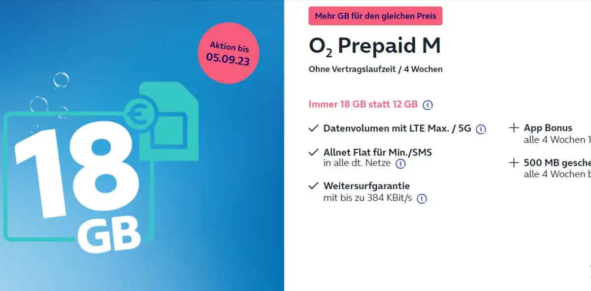 o2 Prepaid M mit 18 GB Datenvolumen für 14,99 € in den ersten 4 Wochen ...