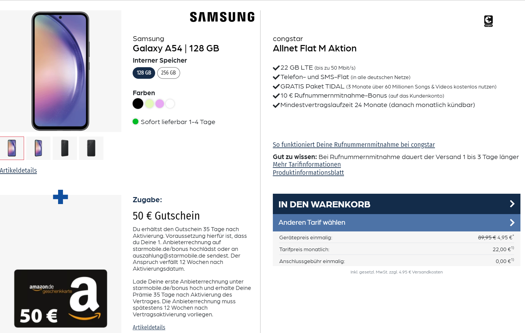 starmobile: Samsung Galaxy A54 + 50 € Amazon-Gutschein + Libratone ONE ...