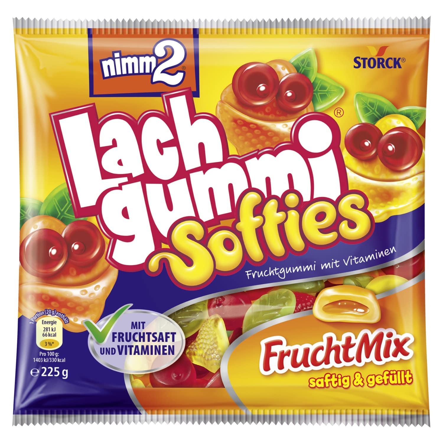 nimm2 Lachgummi Softies FruchtMix – 1 x 225g – Gefülltes Fruchtgummi ...